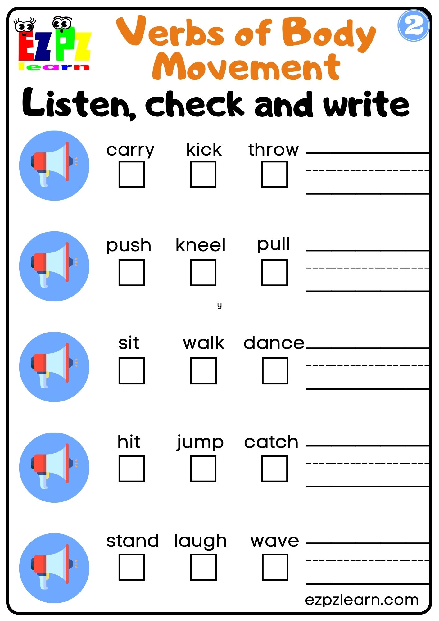 Verbs of Body Movement Interactive Vocabulary Worksheet Listen, Check and Write the Words ...